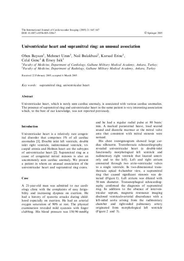 (PDF) Univentricular Heart and Supramitral Ring: An Unusual Association