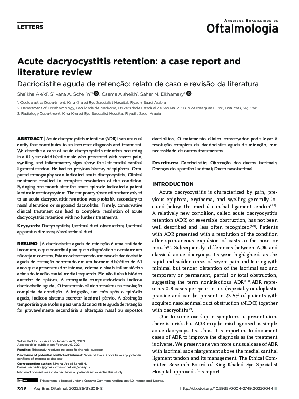 (PDF) Acute dacryocystitis retention: a case report and literature review