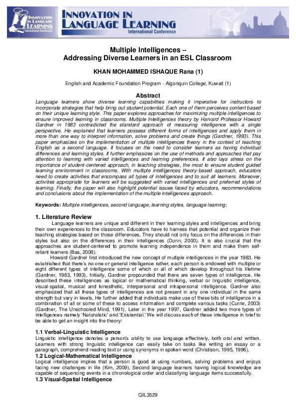 (PDF) Multiple Intelligences -Addressing Diverse Learners in an ESL Classroom
