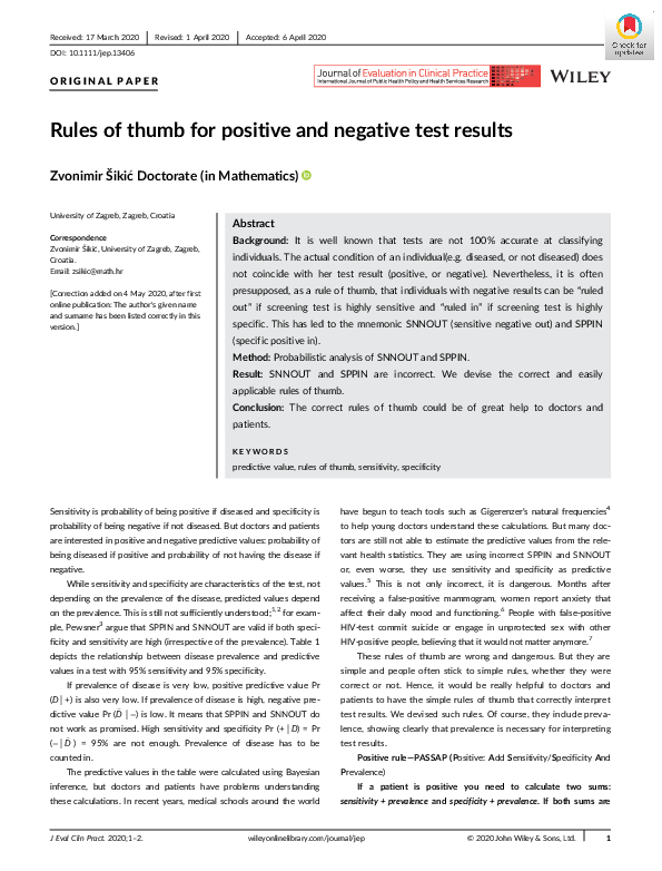 (PDF) Rules of thumb for positive and negative test results
