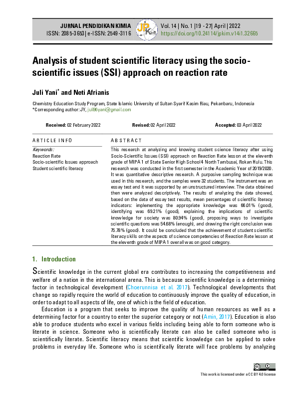 (PDF) Analysis of student scientific literacy using the socio ...