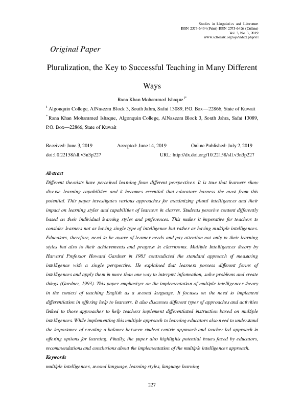 (PDF) Pluralization, the Key to Successful Teaching in Many Different Ways