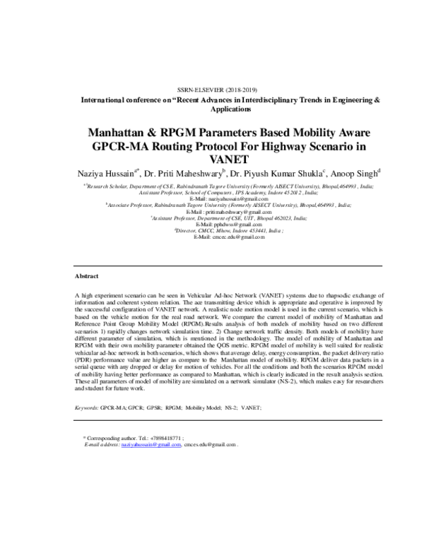 (PDF) Manhattan & RPGM Parameters Based Mobility Aware GPCR-MA Routing Protocol For Highway ...
