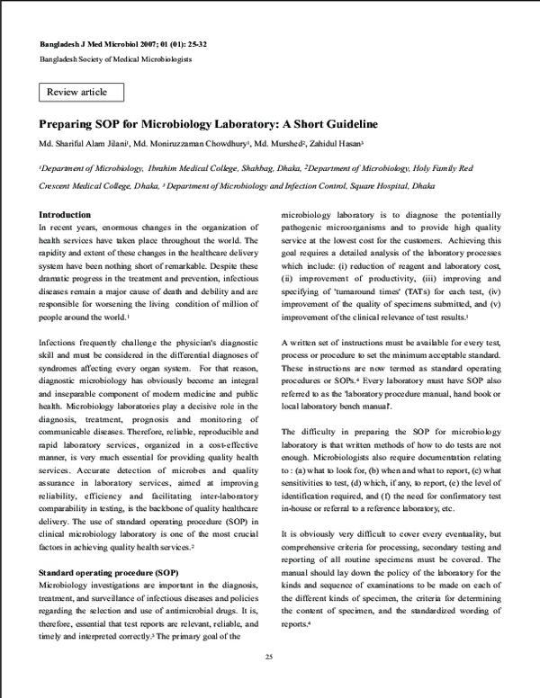 (PDF) Preparing SOP for Microbiology Laboratory: A Short Guideline