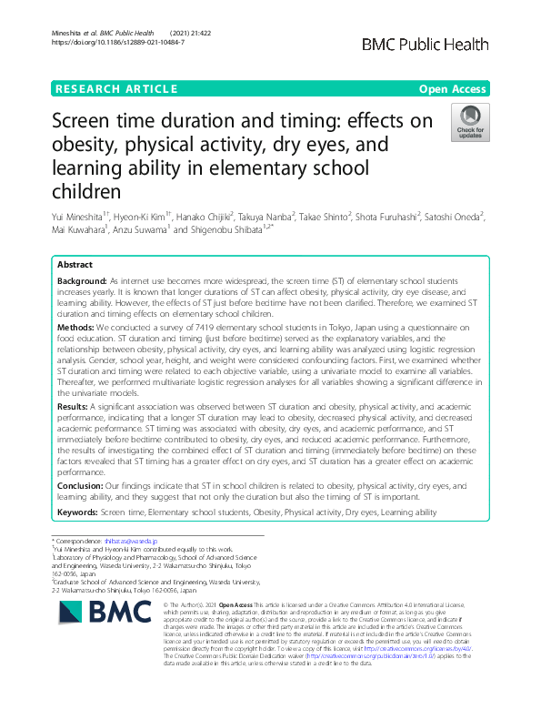 (PDF) Screen time duration and timing: effects on obesity, physical ...