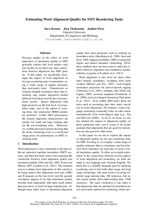 (PDF) Estimating Word Alignment Quality for SMT Reordering Tasks