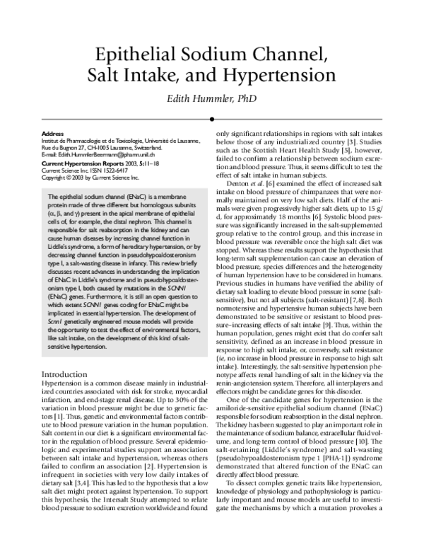 (PDF) Epithelial sodium channel, salt intake, and hypertension