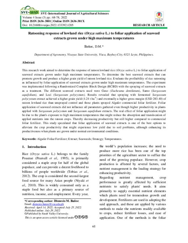 (PDF) Ratooning response of lowland rice (Oryza sativa L.) to foliar application of seaweed ...
