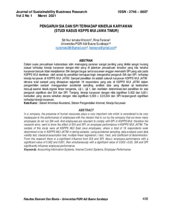 (PDF) Pengaruh Sia Dan Spi Terhadap Kinerja Karyawan (Studi Kasus KSPPS Mui Jawa Timur)