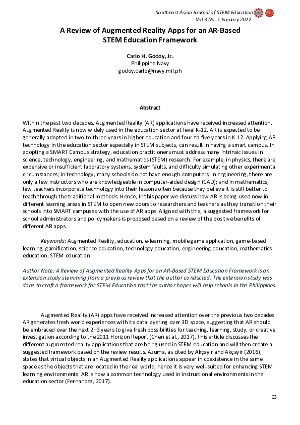 (PDF) A Review of Augmented Reality Apps for an AR-Based STEM Education Framework