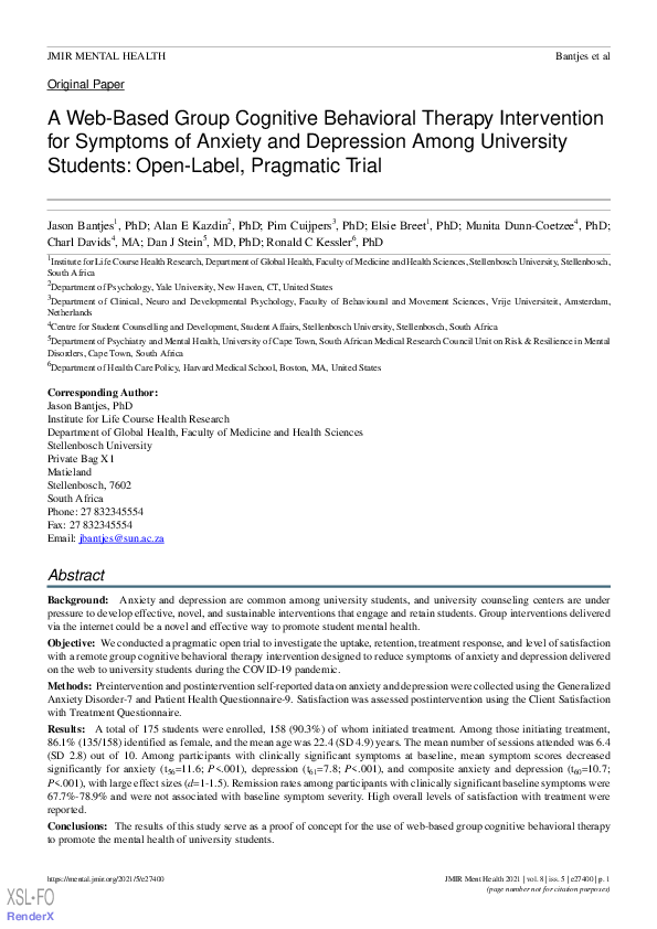 (PDF) A Web-Based Group Cognitive Behavioral Therapy Intervention for Symptoms of Anxiety and ...