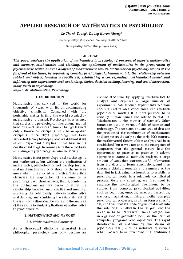 (PDF) APPLIED RESEARCH OF MATHEMATICS IN PSYCHOLOGY