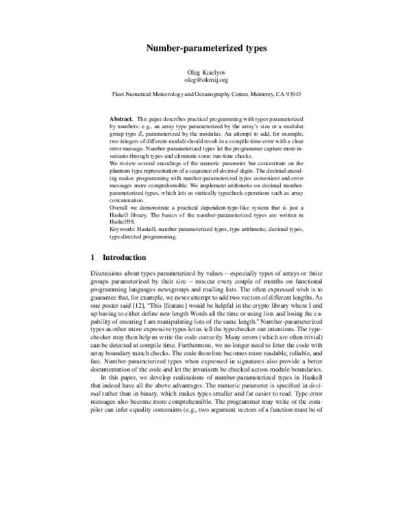 (PDF) Number-parameterized types | Oleg Oleg - Academia.edu