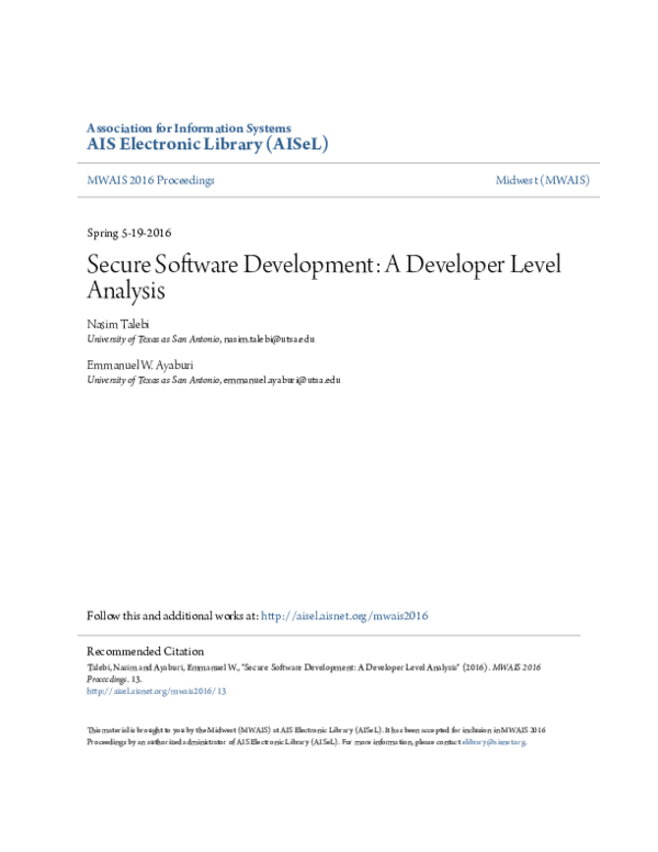 (PDF) Secure Software Development: A Developer Level Analysis