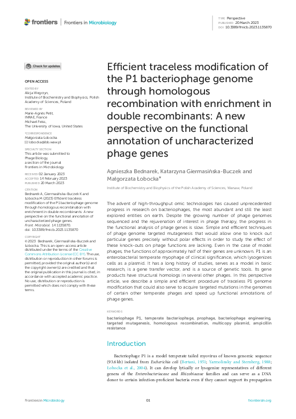 (PDF) Efficient traceless modification of the P1 bacteriophage genome ...