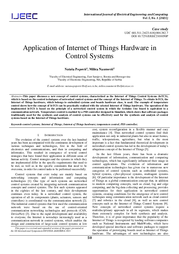 (PDF) Application of Internet of Things Hardware in Control Systems
