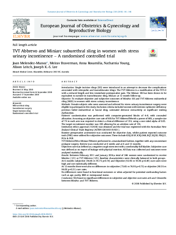 (PDF) TVT Abbrevo and Miniarc suburethral sling in women with stress ...