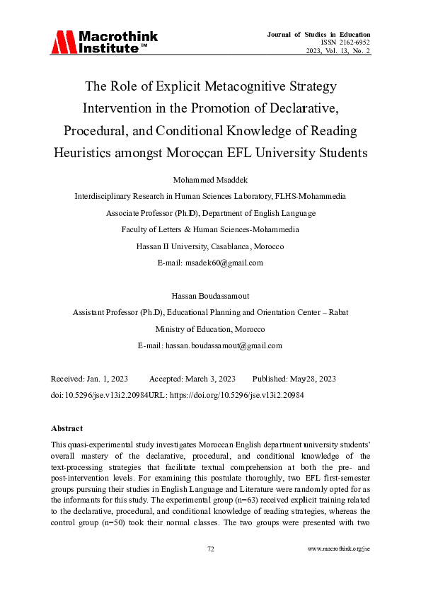 Pdf The Role Of Explicit Metacognitive Strategy Intervention In The Promotion Of Declarative