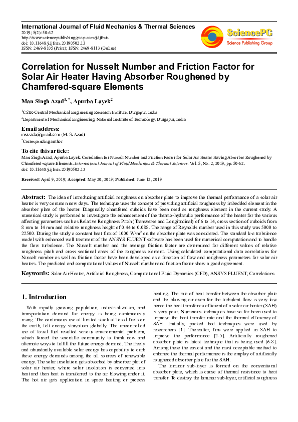 (PDF) Correlation for Nusselt Number and Friction Factor for Solar Air ...