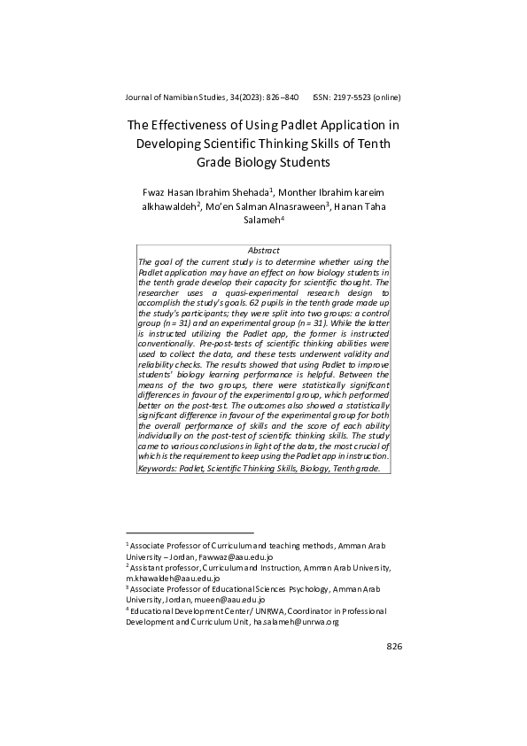 (PDF) The Effectiveness of Using Padlet Application in Developing Scientific Thinking Skills of ...