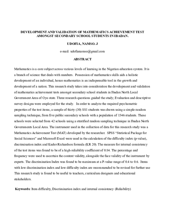 (DOC) DEVELOPMENT AND VALIDATION OF MATHEMATICS ACHIEVEMENT TEST ...