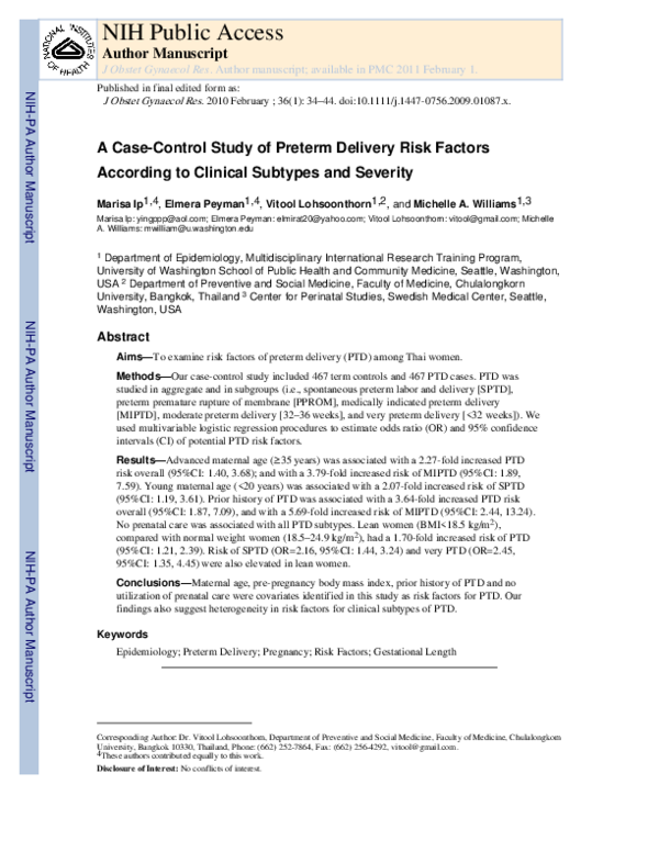 (PDF) A case-control study of preterm delivery risk factors according ...