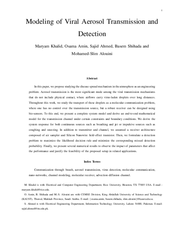 (PDF) Modeling of Viral Aerosol Transmission and Detection