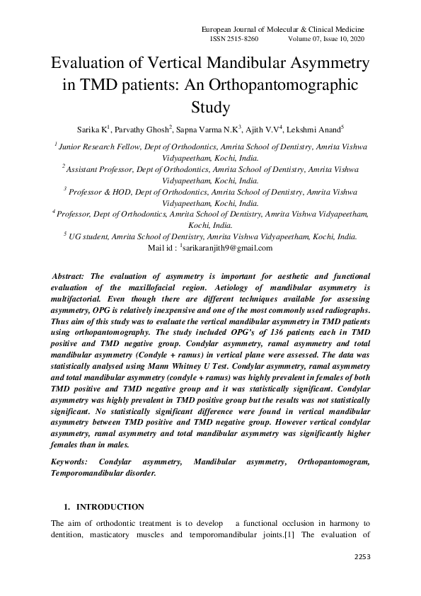 (PDF) Evaluation of Vertical Mandibular Asymmetry in TMD patients: An Orthopantomographic Study ...
