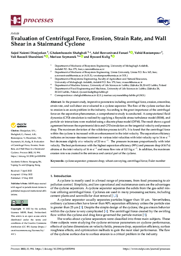 (PDF) Evaluation of Centrifugal Force, Erosion, Strain Rate, and Wall Shear in a Stairmand ...