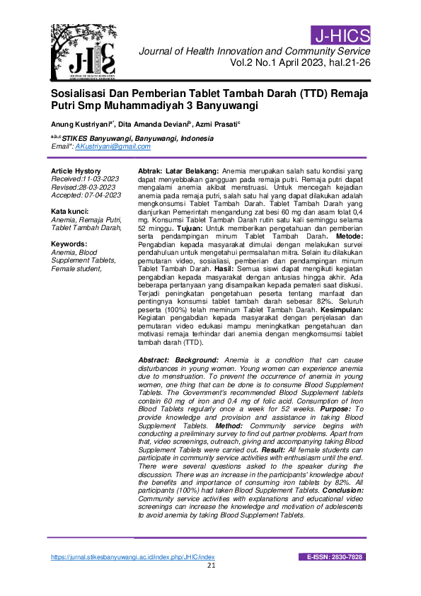 (PDF) Sosialisasi dan Pemberian Tablet Tambah Darah (TTD) Remaja Putri ...