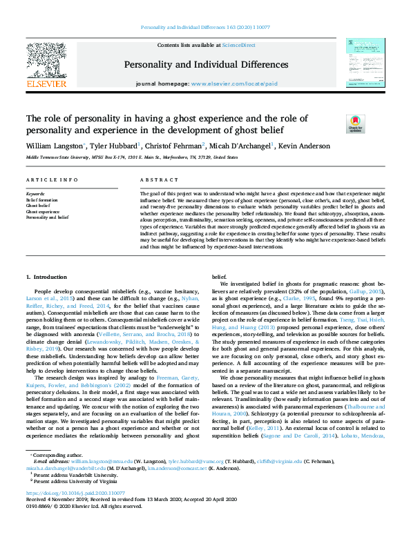 (PDF) The role of personality in having a ghost experience and the role ...