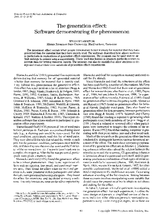 (PDF) The generation effect: Software demonstrating the phenomenon