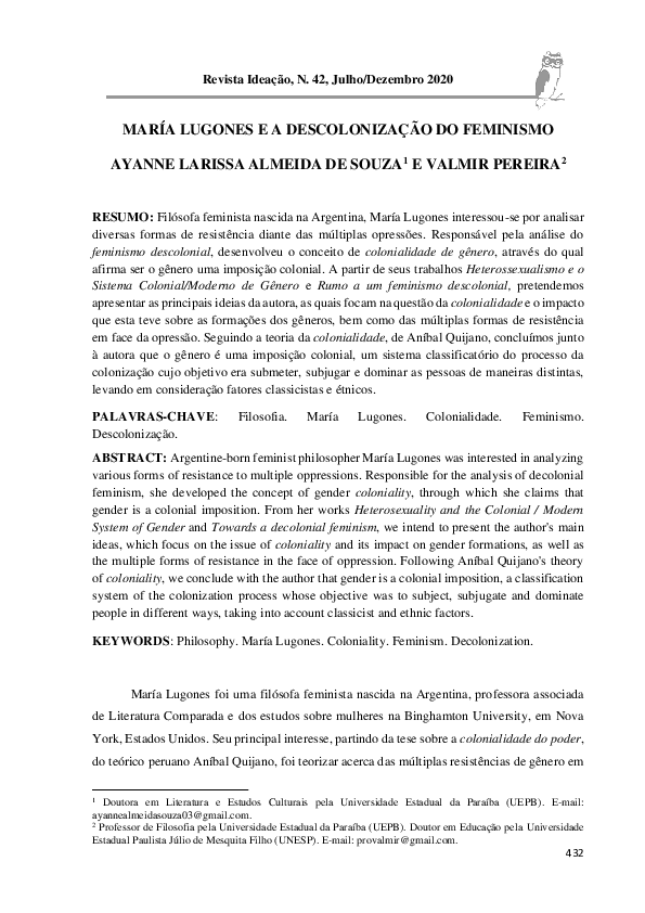 (PDF) María Lugones e a Descolonização Do Feminismo | Valmir Pereira ...