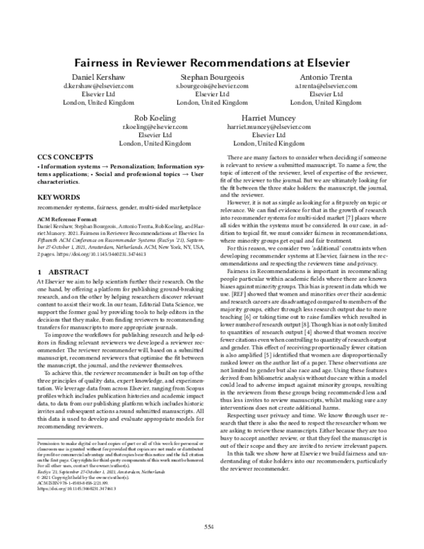 (PDF) Fairness in Reviewer Recommendations at Elsevier | Antonio Trenta - Academia.edu