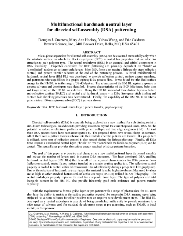 (PDF) Multifunctional hardmask neutral layer for directed self-assembly ...