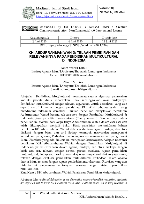 (PDF) KH. Abdurrahman Wahid: Telaah Pemikiran Dan Relevansinya Pada Pendidikan Multikultural di ...