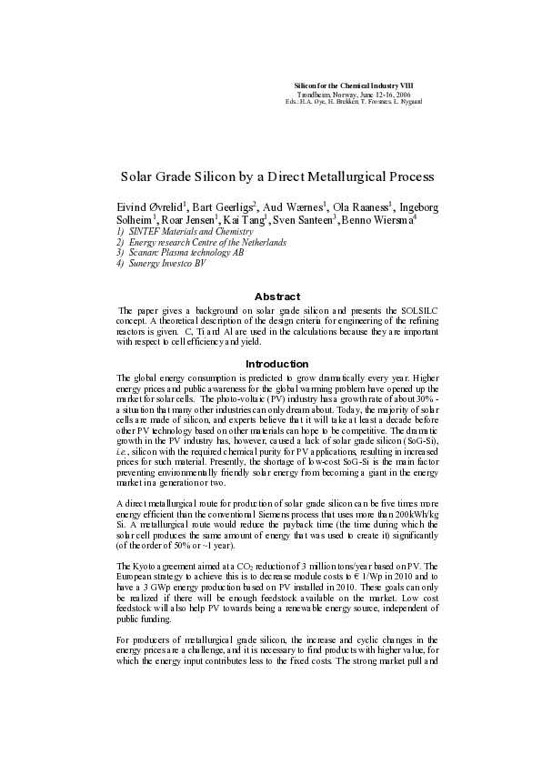 (PDF) Solar grade silicon by a direct metallurgical process