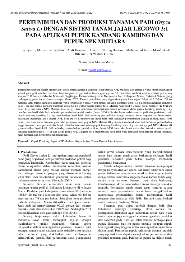 (PDF) PERTUMBUHAN DAN PRODUKSI TANAMAN PADI (Oryza Sativa L) DENGAN SISTEM TANAM JAJAR LEGOWO 3: ...