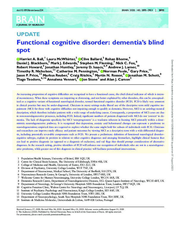 (PDF) Functional cognitive disorder: dementia’s blind spot