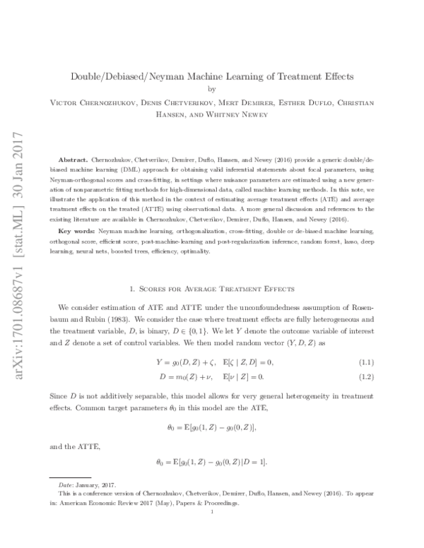 (PDF) Double/Debiased/Neyman Machine Learning of Treatment Effects