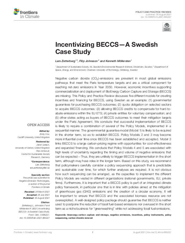 (PDF) Incentivizing BECCS—A Swedish Case Study (PDF) Incentivizing BECCS—A Swedish Case Study
