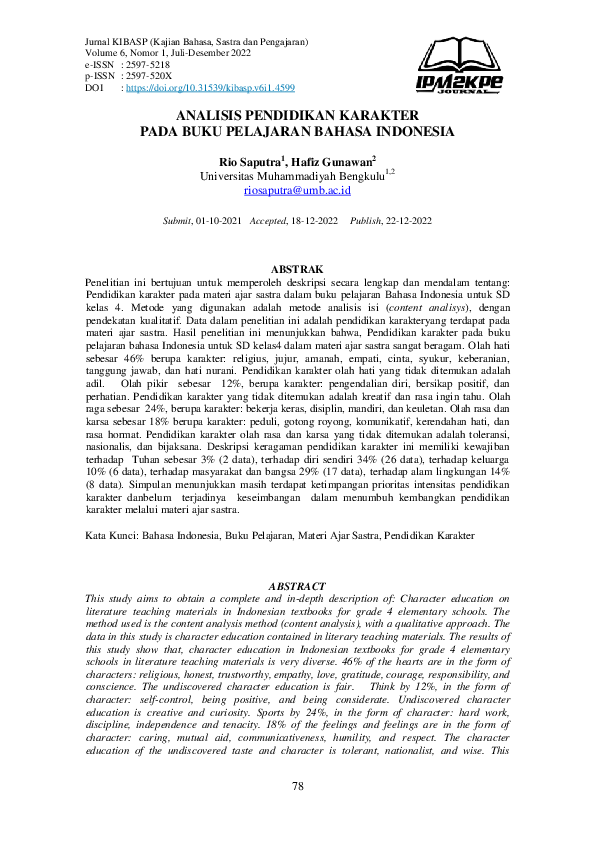 (PDF) Analisis Pendidikan Karakter pada Buku Pelajaran Bahasa Indonesia