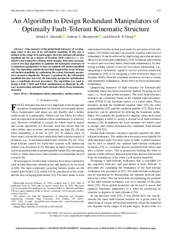 Pdf An Algorithm To Design Redundant Manipulators Of Optimally Fault Tolerant Kinematic Structure