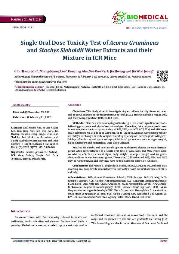 (PDF) Single Oral Dose Toxicity Test of Acorus Gramineus and Stachys ...