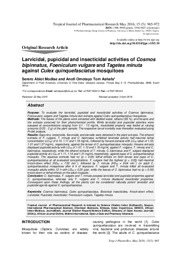 (PDF) Larvicidal, pupicidal and insecticidal activities of Cosmos ...