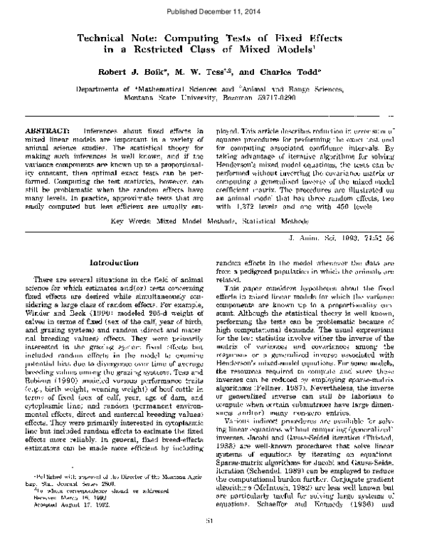 Pdf Technical Note Computing Tests Of Fixed Effects In A Restricted Class Of Mixed Models