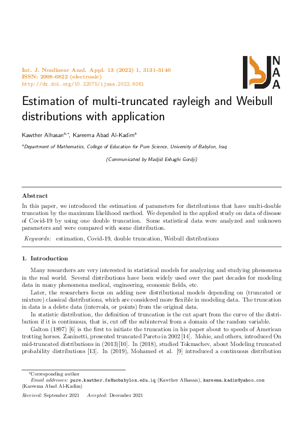 (PDF) Estimation of multi-truncated rayleigh and Weibull distributions with application