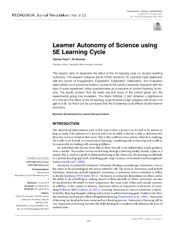 (PDF) Learner Autonomy of Science Using 5E Learning Cycle
