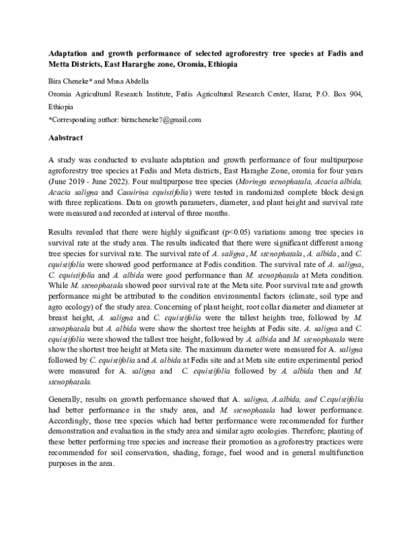 (DOC) Adaptation and growth performance of selected agroforestry tree ...
