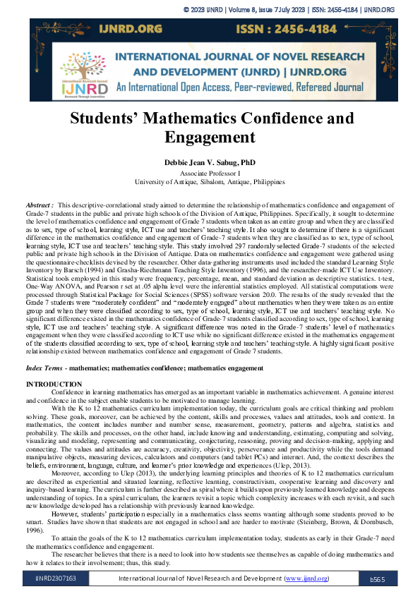 (PDF) Students' Mathematics Confidence and Engagement